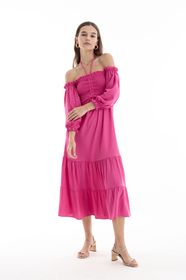 Off Shoulder Ruffle Dress In Fuchsia From Dresscode In Egypt