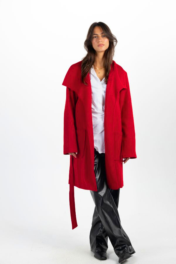 Classic Tied Up Coat In Red - FYI - Dress Code